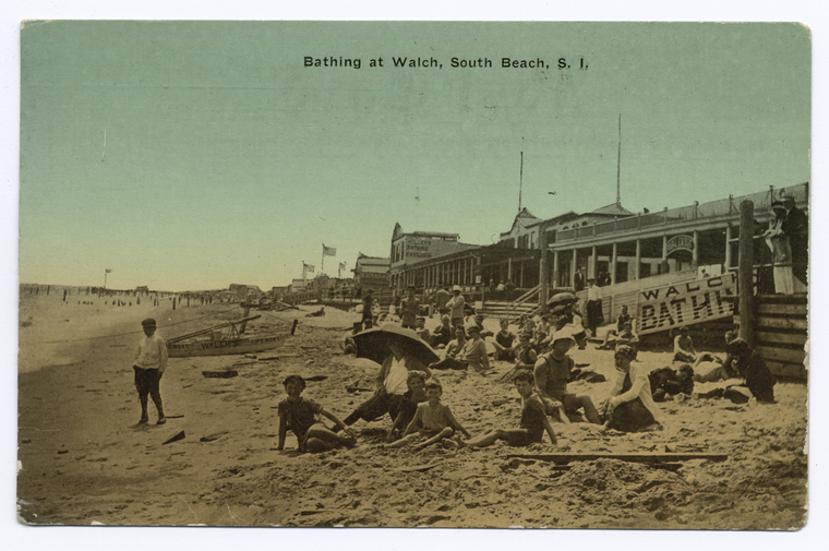 Bathing at Walch, South Beach, Staten Island. [people on sand in front ...