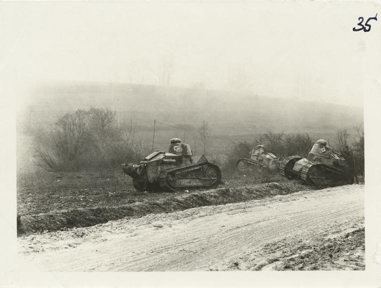 Three wrecked tanks in front of a German machine-gun nest, which they ...