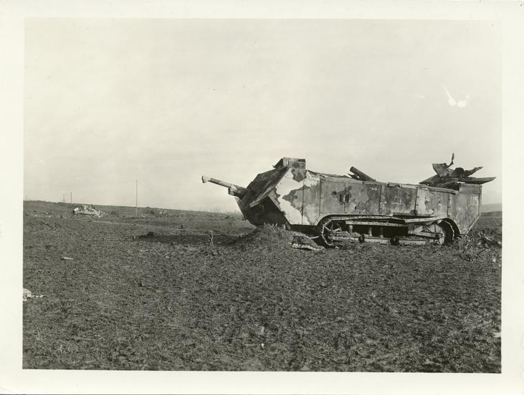 Large Am. tank which was wrecked by a direct hit from the German ...