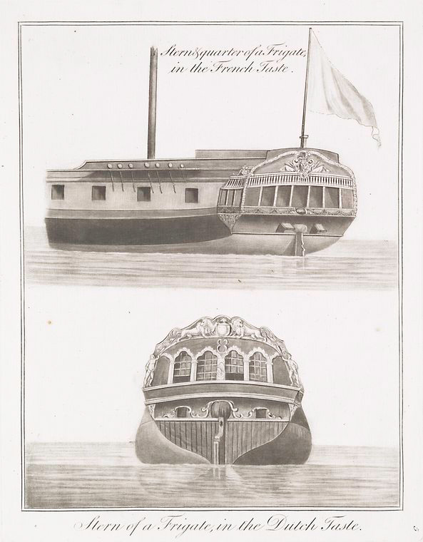 Stern of a frigate, in the Dutch taste; Stern and quarter of a frigate ...