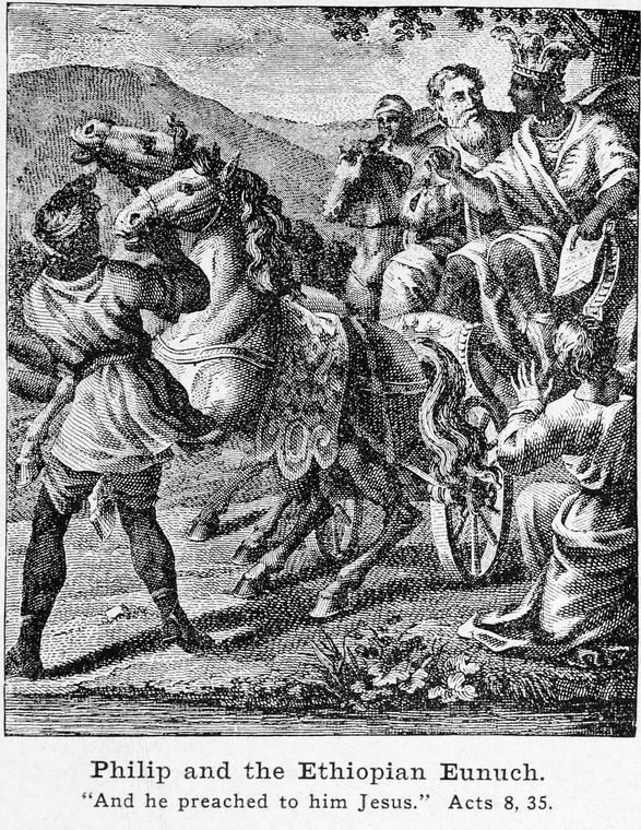 Philip and the Ethiopian eunuch; "And he preached to him Jesus." Acts 8 ...