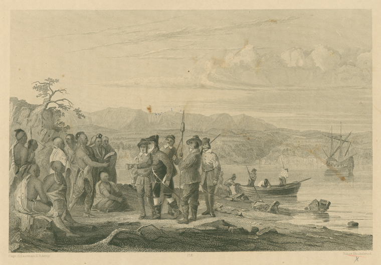 Henry Hudson landing and being greeted by Native Americans. - NYPL ...