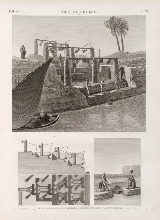 Arts et métiers. Vue et détails de deux machines à arroser, appellées ...