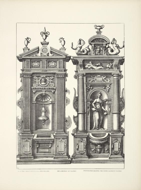 Two designs for washbasins, one with statue of woman holding pitcher ...