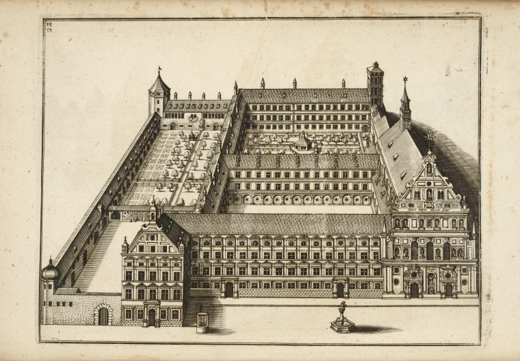 Drawing of castle and grounds with church, courtyards, gardens, and ...