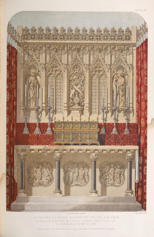 Altar and reredos designed by the late A. W. Pugin, carved in stone by ...