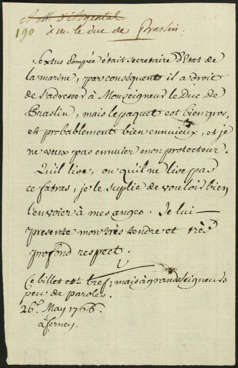 Rare manuscript letter signed, in French, 8vo, Ferney, May 26, 1766 ...