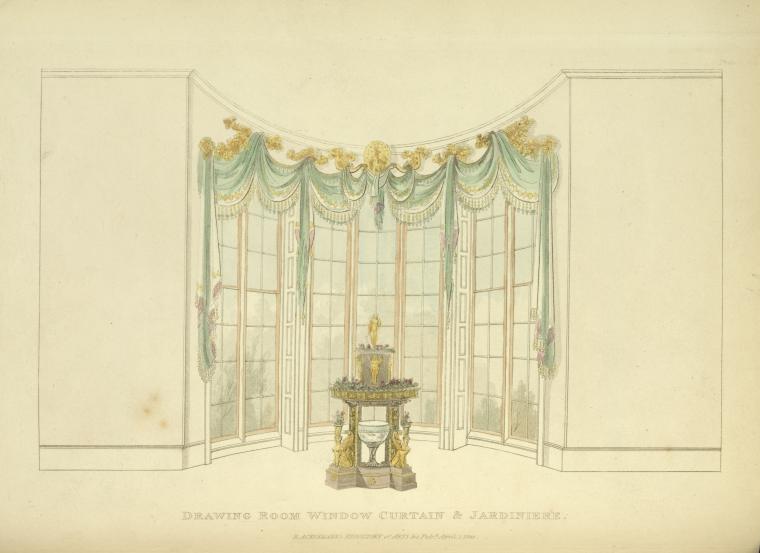 Drawing room window curtain & jardiniere - NYPL Digital Collections