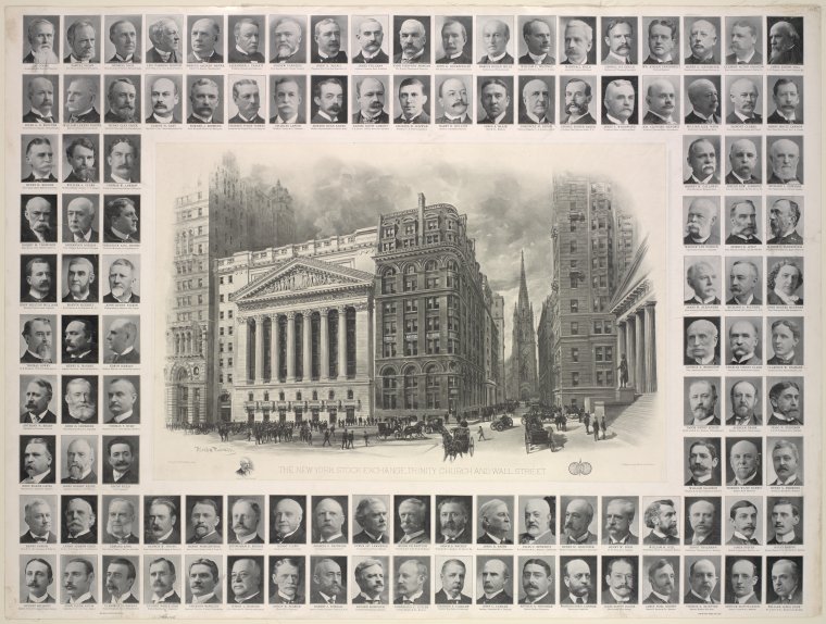 The New York Stock Exchange, Trinity Church and Wall Street. Below ...