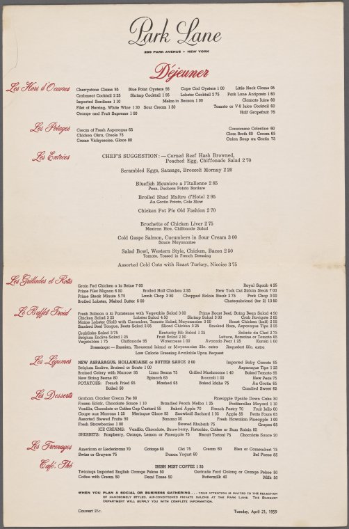 Tuesday dinner menu, Park Lane - NYPL Digital Collections