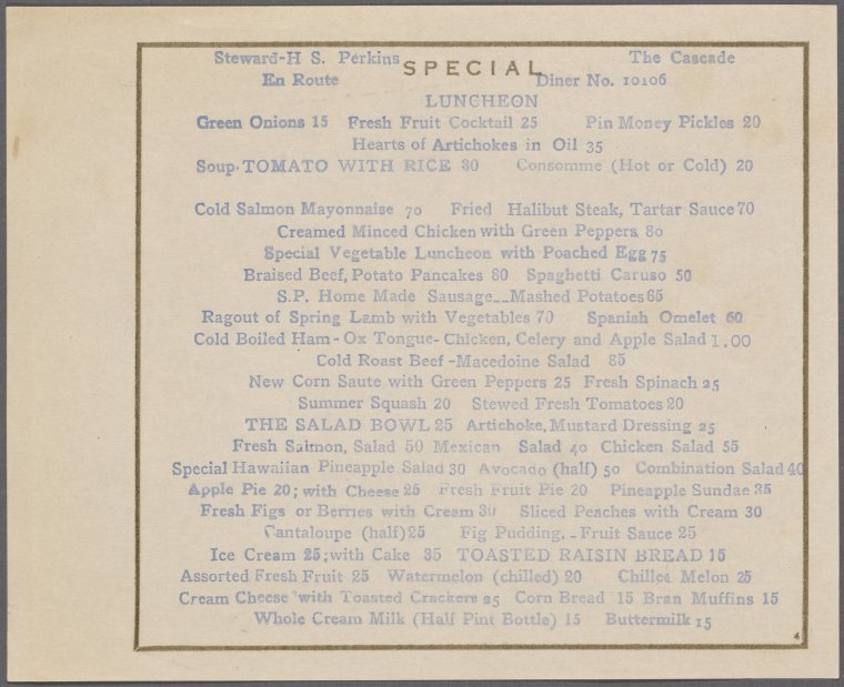 Lunch menu, The Cascade, Diner No. 10106 - NYPL Digital Collections