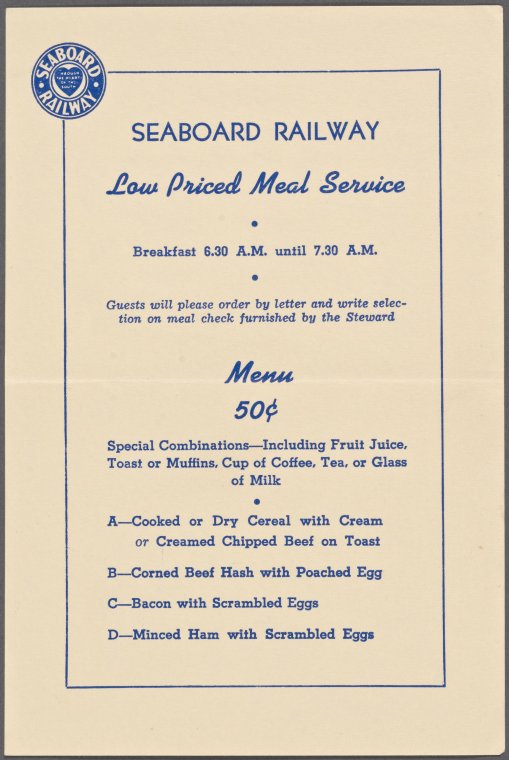 Breakfast menu, Seaboard Railway - NYPL Digital Collections
