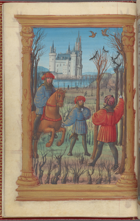 Full-page miniature of falconry, in February - NYPL Digital Collections