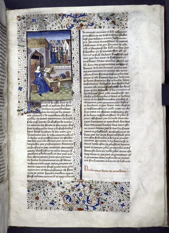Miniature showing Leontia in a courtyard, studying a book propped up on ...
