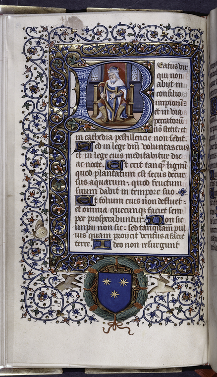 Historiated initial of King David playing his harp; unidentifed coat of ...