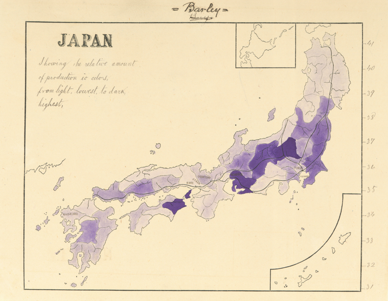 Japan, barley, showing the relative amount of production in colors ...