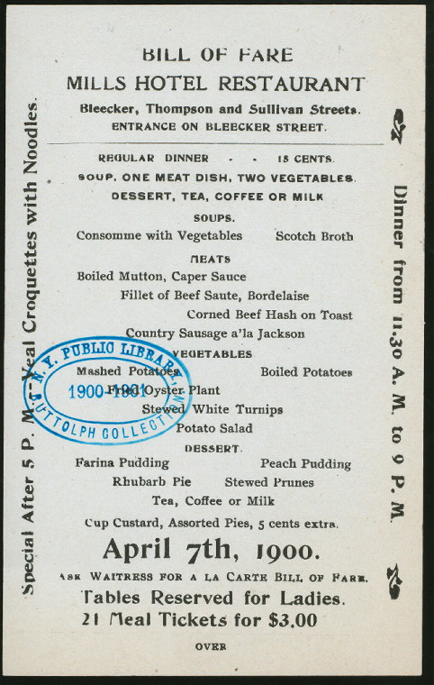 BILL OF FARE/DINNER [held by] MILLS HOTEL RESTAURANT [at] "BLEECKER ...