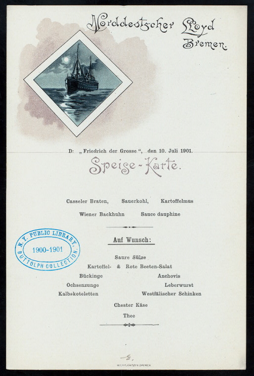 SUPPER (?) [held by] NORDEUTSCHER LLOYD BREMEN [at] EN ROUTE ABOARD SS ...