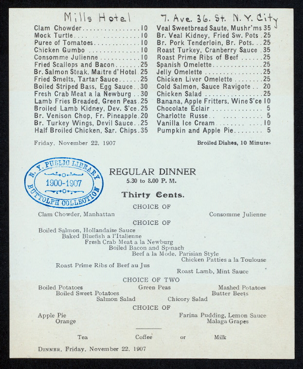 DAILY MENU, DINNER [held by] MILLS HOTEL [at] "7TH AVENUE & 36TH STREET ...