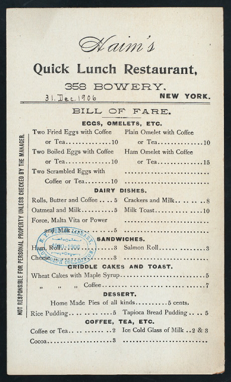 DAILY MENU [held by] HAIM'S QUICK LUNCH RESTAURANT [at] "358 BOWERY ...