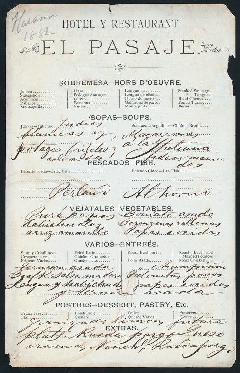 DAILY DINNER MENU [held by] EL PASAJE [at] "[HAVANA,CUBA]" (REST; IN ...