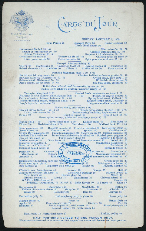 CARTE DU JOUR [held by] NETHERLAND HOTEL [at] "NEW YORK, NY" (HOTEL ...