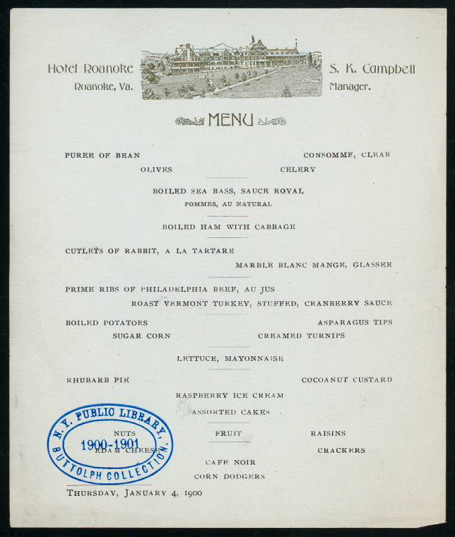 DINNER MENU [held by] ROANOKE HOTEL [at] "ROANOKE, VA" (HOTEL;) - NYPL ...