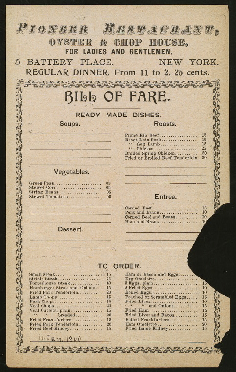 BILL OF FARE [held by] PIONEER RESTAURANT [at] "NEW YORK, NY" (REST ...