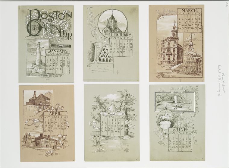 Boston Calendar 1889 : depicting lighthouse, Trinity Church, Faneuil ...