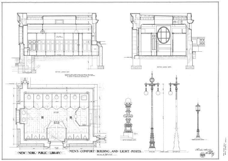 Men's comfort building and light posts - NYPL Digital Collections