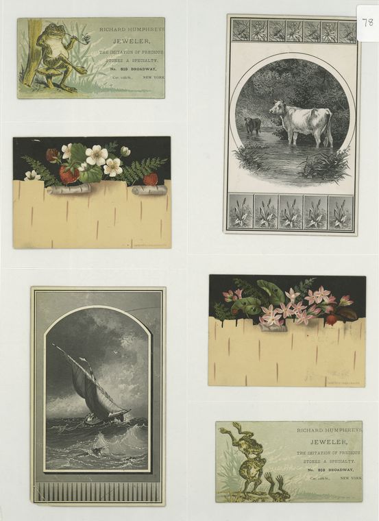 Trade cards depicting frogs, leapfrog, cows, a sailboat, strawberries ...