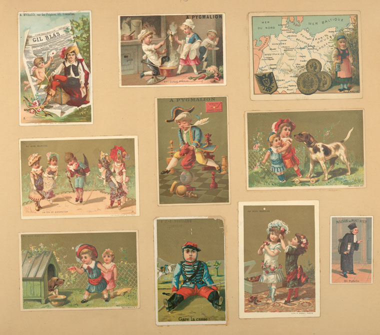 Trade cards depicting children, men, dogs, a newspaper, a cupid, chess ...