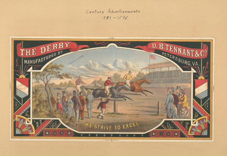 [An advertisement depicting a horse race, spectators and stands ...