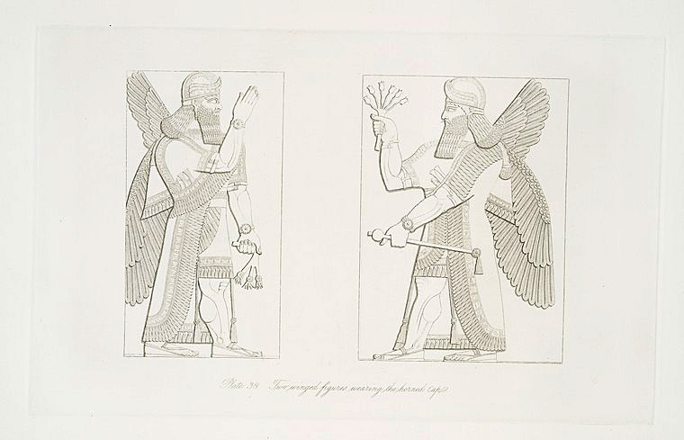 Two winged figures wearing the horned cap. - NYPL Digital Collections