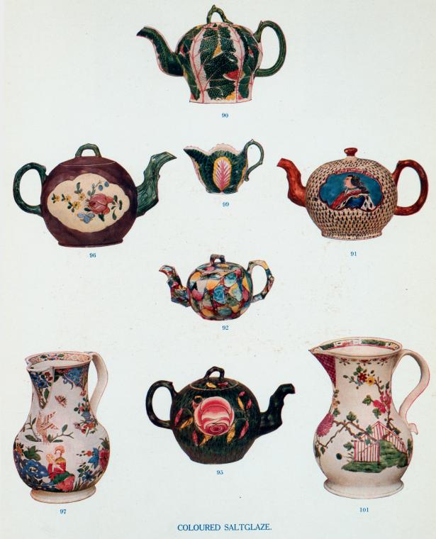 Coloured Saltglaze. (90. Saltglaze cabbage leaf pattern teapot. Littler ...