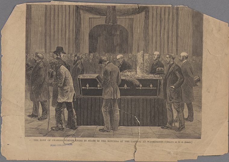 The body of Charles Sumner lying in state in the rotunda of the Capitol ...