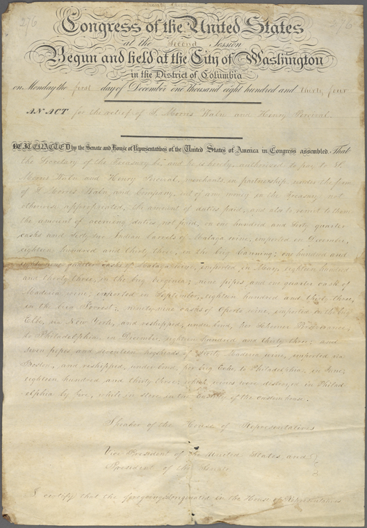 2 documents: authorization of payment to ship owners by U.S. Congress ...