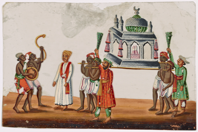 Festival procession, 4 carrying white temple on litter, and 2 musicians ...