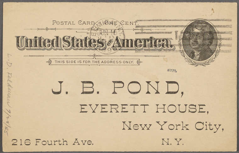 Pond, [Major James Burton], postcard to. Jun. 9, [1895] (postscript to ...