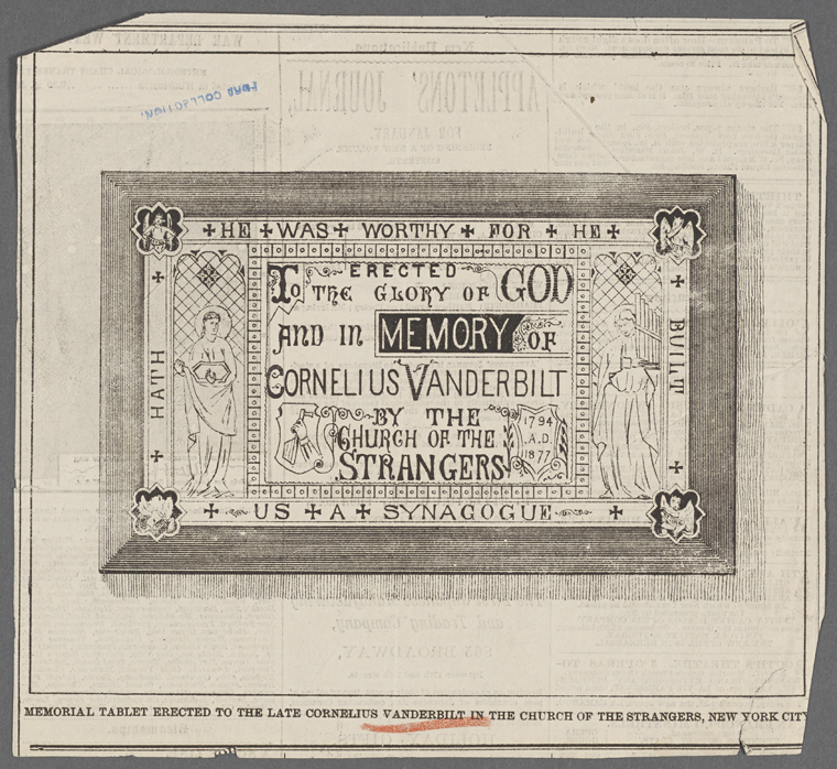Memorial tablet erected to the late Cornelius Vanderbilt in the Church ...