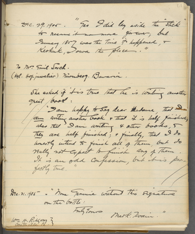 Lorch, Mrs Emil, AL to. Dec. 29-31, 1905. Copy in Isabel Lyon's hand ...