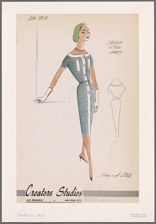Banded neckline shirtwaist dress of striped cotton Jersey - NYPL ...