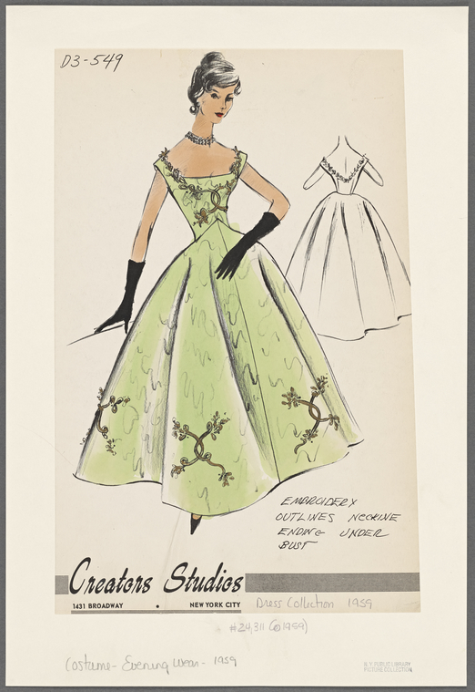 1950s evening wear fashion sketch - NYPL Digital Collections