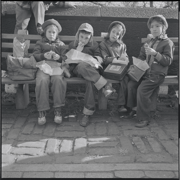Children eating lunch on park bench. New York, NY - NYPL Digital ...