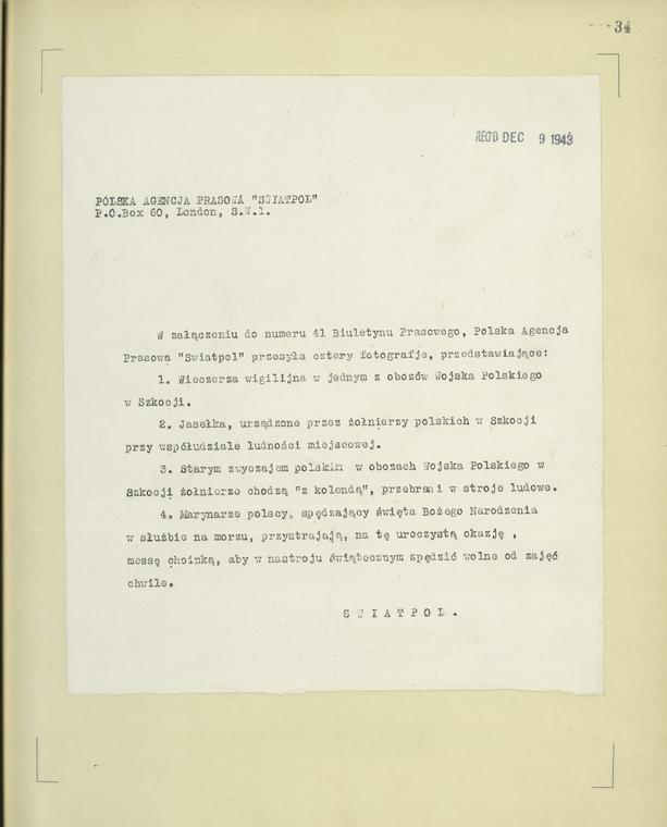 Letter from the Polish Press Agency 'Swiatpol' which accompanied the ...