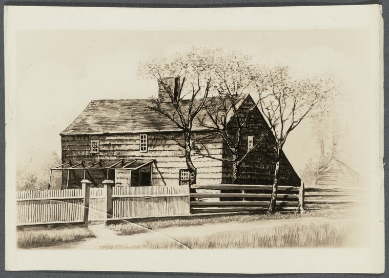 Drawing of Thomas Sayre house. West side Main Street, north of Jobs ...