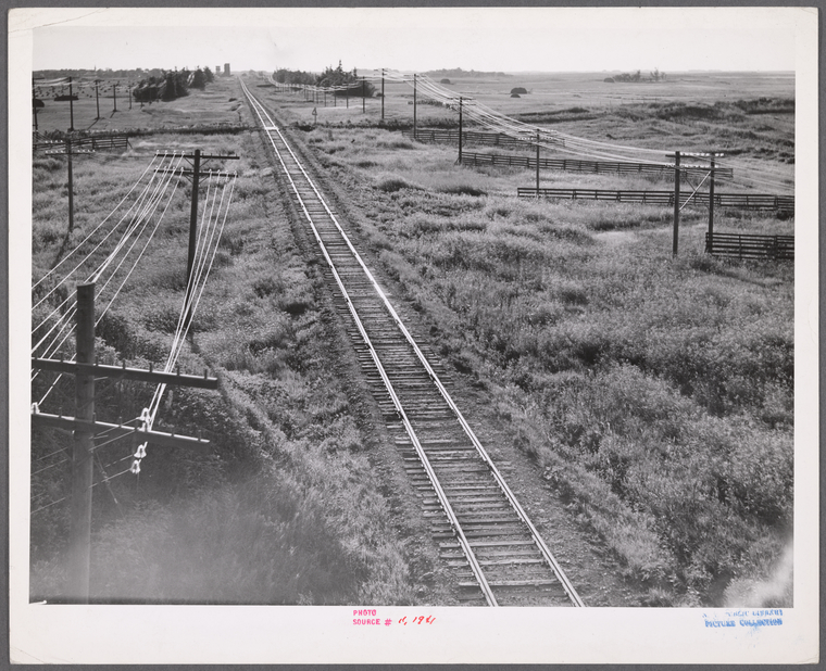 Railroad with grain elevators near Minot, North Dakota. - NYPL Digital ...