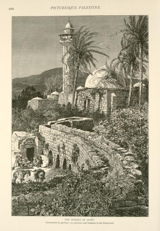 The mosque of Jenîn. Surrounded by gardens; an aqueduct and fountain in ...