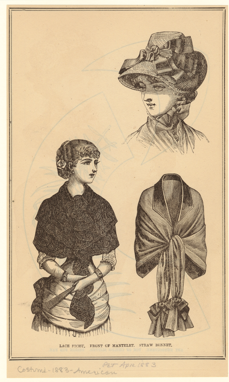 Lace fichu ; Front of mantelet ; Straw bonnet - NYPL Digital Collections