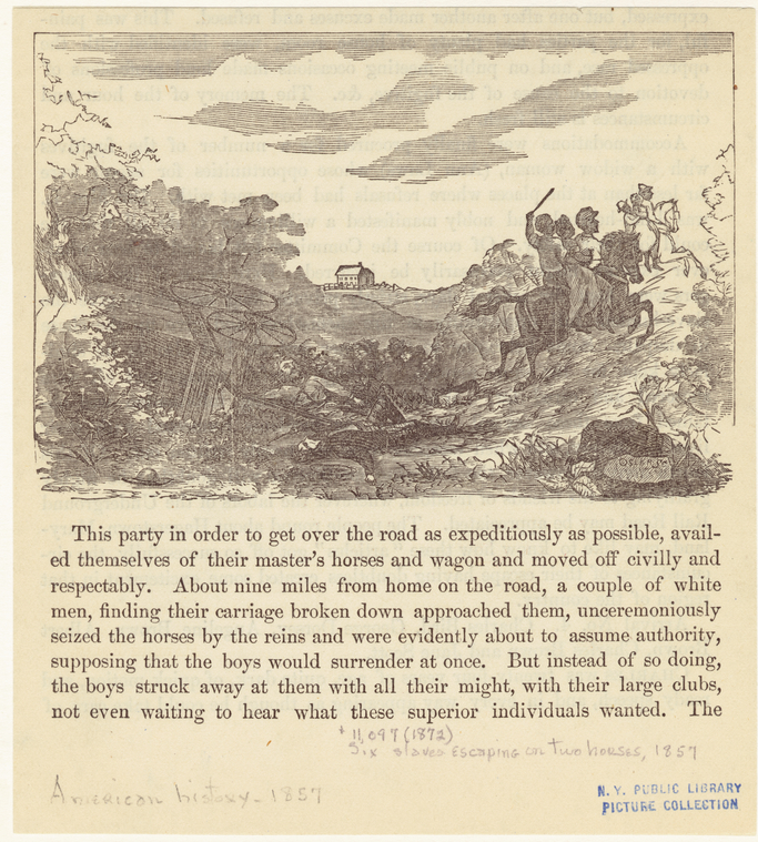 Six slaves escaping on two horses, 1857.aSix slaves escaping on two ...